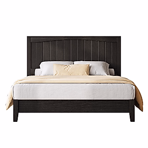 YUMPIE Queen Size Solid Wood Bed Frame with 48" High Headboard, Mid-Century Modern Wooden Platform Bed Frame, Metal & Wooden Slats Support, No Box Spring Needed/Noise Free, Black