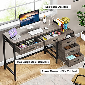 Tribesigns Computer Desk with 5 Drawers, Home Office Desks with Reversible Drawer Cabinet Printer Stand, Industrial PC Desk with Storage, Grey Study Writing Table Workstation for Small Spaces