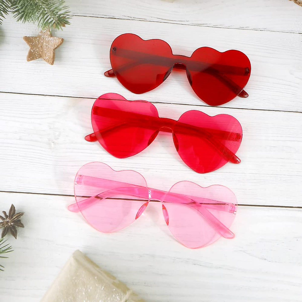 AFNWQI Heart Sunglasses, Heart Shaped Sunglasses, 3-Pack, Transparent Rimless Sunglasses, Colored Sunglasses, Heart Glasses, Heart Sunglasses for Women, Party Glasses (Red+Hot Pink+Pink)
