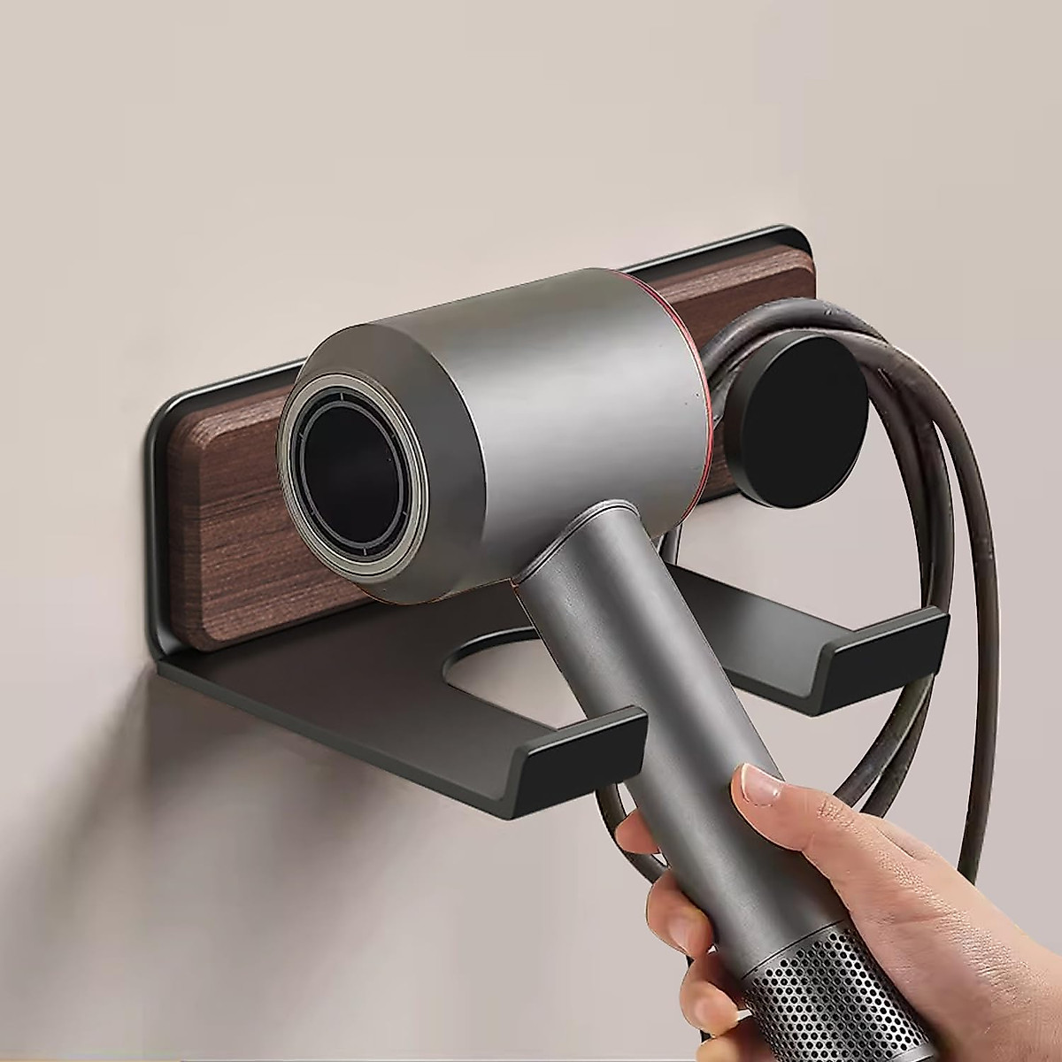 EHERDM Wall Mounted Hair Dryer Holder with Storage Bag Drill-Free Adhesive Blow Dryer Holder Walnut Bathroom Storage Shelf Solid Wood Storage Rack for Home Black