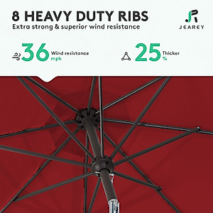 JEAREY 9FT Outdoor Patio Umbrella Outdoor Table Umbrella with Push Button Tilt and Crank, Market Umbrella 8 Sturdy Ribs UV Protection Waterproof for Garden, Deck, Backyard, Pool (Red)