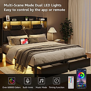 DOGIBIXO Full Size Black Bed Frame with 4 Drawers, Upholstered Velvet Platform Bed Frames with Led Lights, Button Tufted Headboard, Wooden Slats Support, No Box Spring Needed, Black