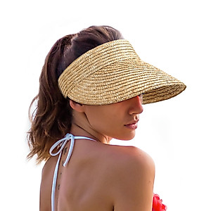 FURTALK Natural Straw Visors Sun Visor Hats for Womens Summer Straw Sun Beach Hat Foldable Roll Up Ponytail Beach Hat