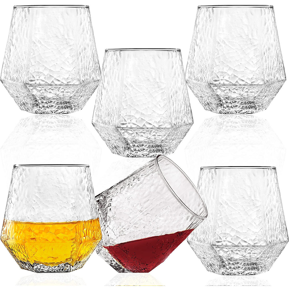 Diamond Glasses - Stemless Wine Glass Set of 6 - Geometric Tilting Design - Rolling Whiskey Glasses - Stem Less Anti Rocking Cup Diamonds Shaped - Tilted Glassware Drinking Tumblers for Wiskey/Wine