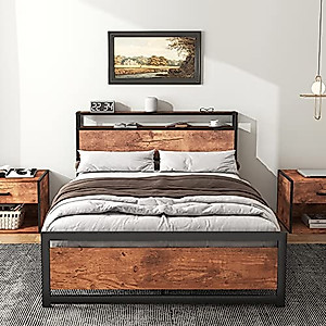 Queen Bed Frame, Osfvolr Industrial Metal Platform Bed Frame with 2 Tier Storage Wooden Headboard and Footboard, Large Under Bed Storage, Noise Free, No Box Spring Needed, Easy Assembly, Vintage Brown