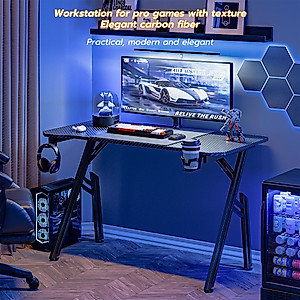 WEMUZVIU 47 Inch Gaming Desk, Ergonomic Carbon Fiber Surface Computer Table, A-Shaped PC Gamer Workstation with Cup Holder & Headphone Hook, Home Office Desk (ZK-A, 47 INCH)