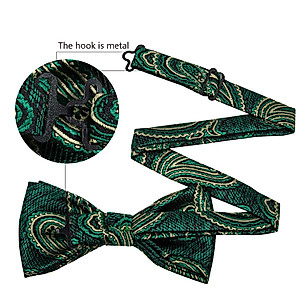 YOHOWA Green Gold Bow Tie and Pocket Square Set Pretied Bow Tie with Gold Diamond Ring