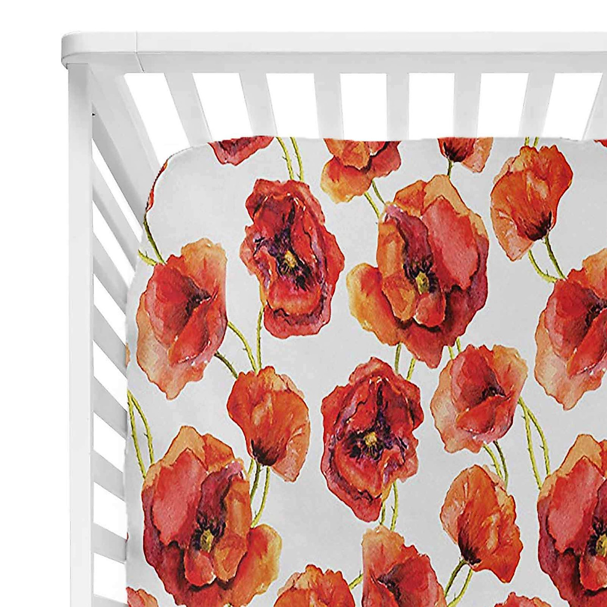 Lyzelre Flower Fitted Crib Sheet,Floral Pattern with Poppies Fabric Design Style Artwork Grassland Print Microfiber Silky Soft Toddler Mattress Sheet Fitted,28"x 52"x 8'',Baby Sheet for Boys Girls