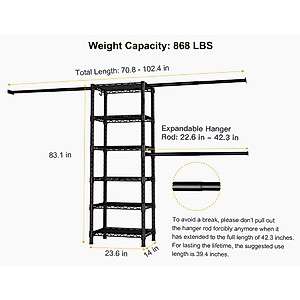 Ulif M5 Wall Mounted Clothes Garment Rack, Heavy Duty Closet Storage and Organizer System with 6 Shelves and 3 Expandable Hanger Rods, Space Saver Suit (46.2-102.4)"W x 14"D x 83.1"H, Black