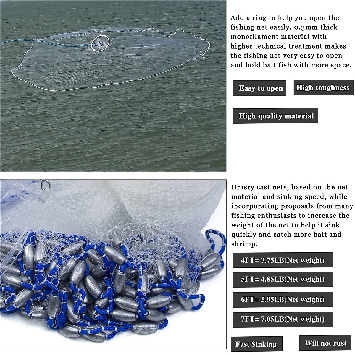 Drasry Fishing Cast Net with Aluminum Ring 3/8 or 1/2 Mesh for Saltwater Freshwater Bait Shrimp Trap Fish Throw Net Size 4FT/5FT/6FT/7FT Radius White Monofilament 4FT Radius