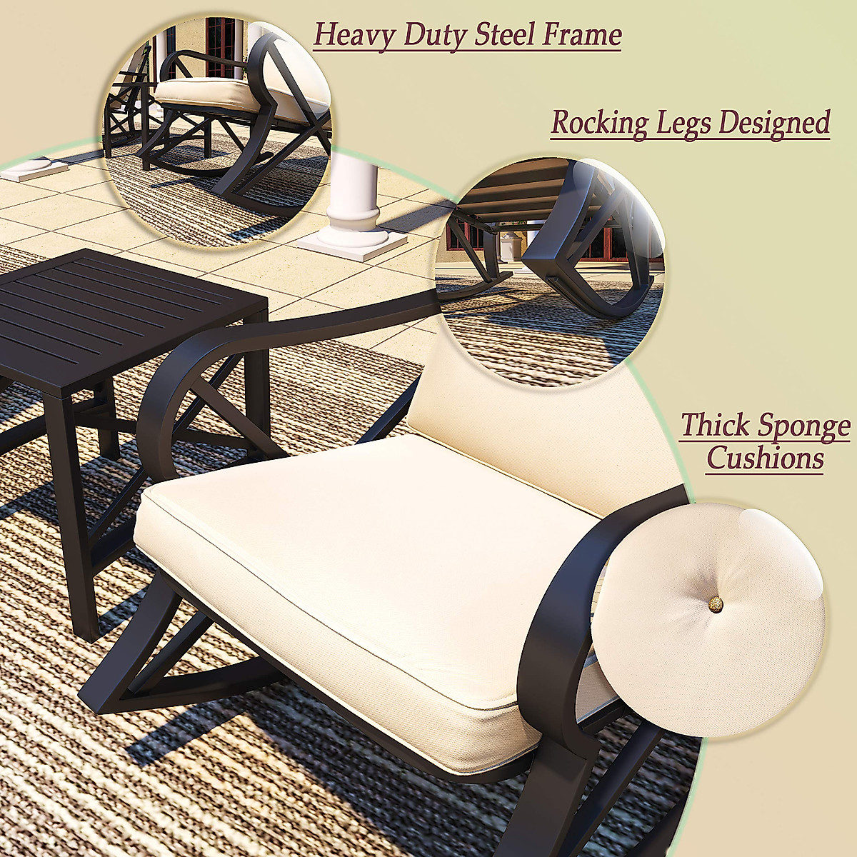 PatioFestival Rocking Chairs Bistro Set Metal Outdoor Furniture Conversation Set with Coffee Table&Thick Cushions for Backyard,Lawn,Porch,Poolside (3PCs, Khaki)