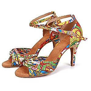 YKXLM Latin Dance Shoes For Women Ballroom Salsa Tango Professional Performance Practice Dancing Shoes,3.33" heel,Colorful,5.5 US