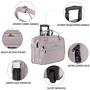 EMPSIGN Rolling Laptop Bag Women with Wheels, Rolling Briefcase for Women Fits Up to 15.6 Inch Laptop Briefcase on Wheels, Water-Repellent Overnight Rolling Computer Bag with RFID Pockets, Grey Pink