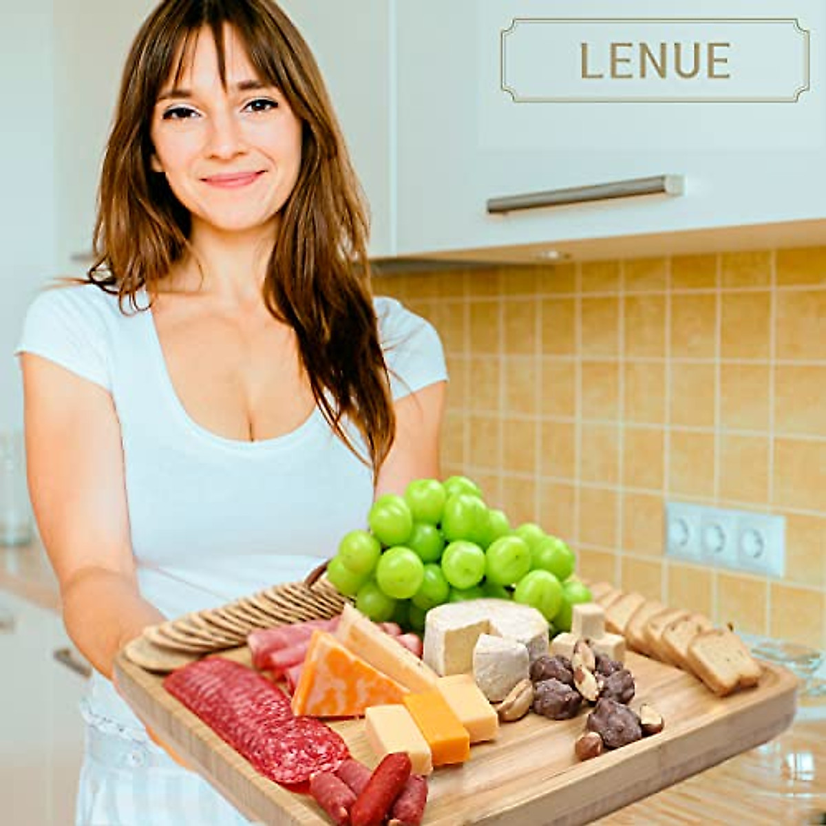 LENUE Premium Bamboo Cheese Board - Large Charcuterie Platter with Stainless Steel Knife Set - Wood Serving Tray and Accessories - Perfect for Birthday, Bridal Shower, Housewarming & Wedding Gifts