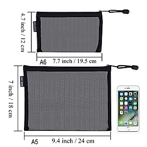 HRX Package Nylon Mesh Cosmetic Zipper Bags, 6PCS Black Makeup Pouches Pen Pencil Organizer Case for Travel Purse Diaper Bag (A5 x 3pcs, A6 x 3pcs )