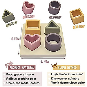 HETOMI Baby Soft Nesting Sorting Stacking Toys Silicone Teething Blocks Shapes Recognition Learning Development Toys for Toddler 3+ Months(Beige)