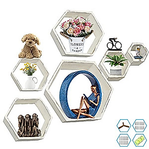 Strawbula Hexagon Floating Shelves Rustic White, 6pcs Wall Mounted Honeycomb Shelf Set, Hexagon Shelf, Geometric Shelves for Living Room, Wooden Octagon Shelves for Modern Home Decor
