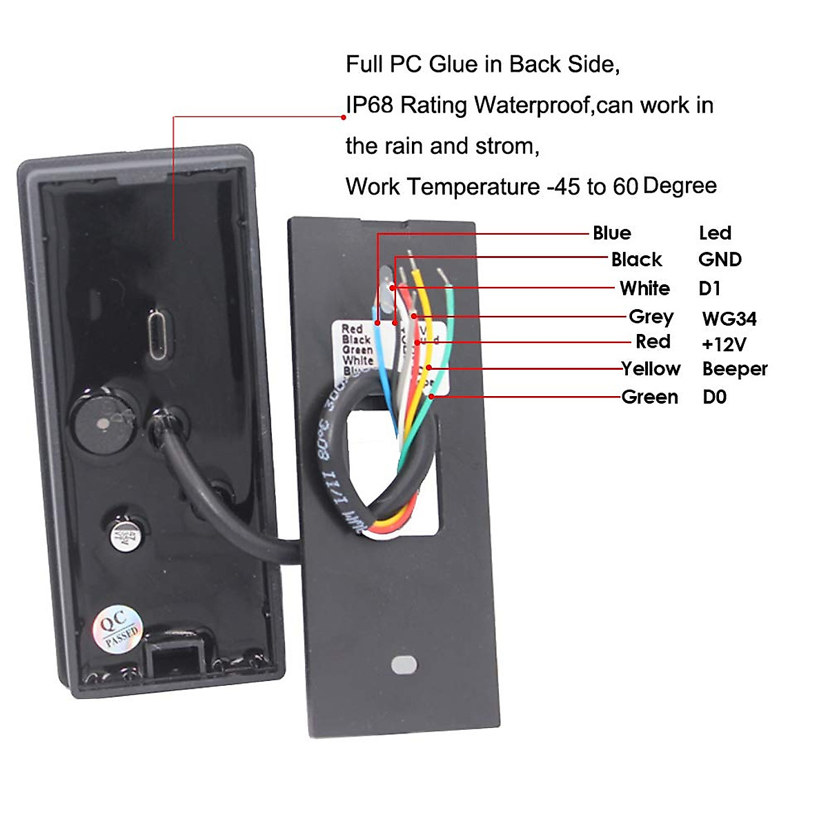 No Relay Access Control Reader Proximity Card Reader Wiegand 26/34 Bit Output Door Access Reader Waterproof IP68 Access Control 125KHZ Card Reader with 10 Color Key