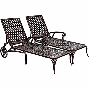 ROIYEIER Lounge Chairs for Outside, Chaise Lounge Outdoor Set of 2 Cast Aluminum with Adjustable Backrest and Moveable Wheels for Poolside Backyard Patio, Bronze