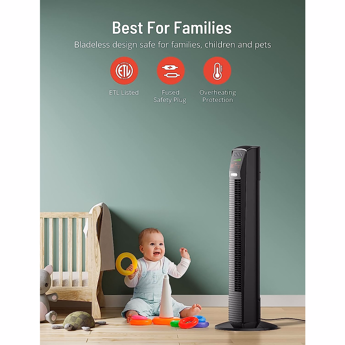 PARIS RHÔNE Tower Fan, Oscillating Quiet Cooling Fan with Remote, Digital Thermostat,12H Timer, 3 Speeds & 4 Modes, Portable Stand Up Floor Bladeless Fan for Bedroom, Living Room, Kitchen, Office