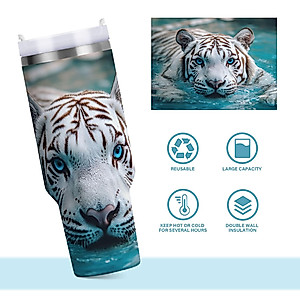 xigua 40 oz White Tiger Tumbler with Handle and Straw Lid, Stainless Steel Vacuum Insulated Sports Water Bottle, Keeps Cold or Hot Coffee Cup Travel Mug