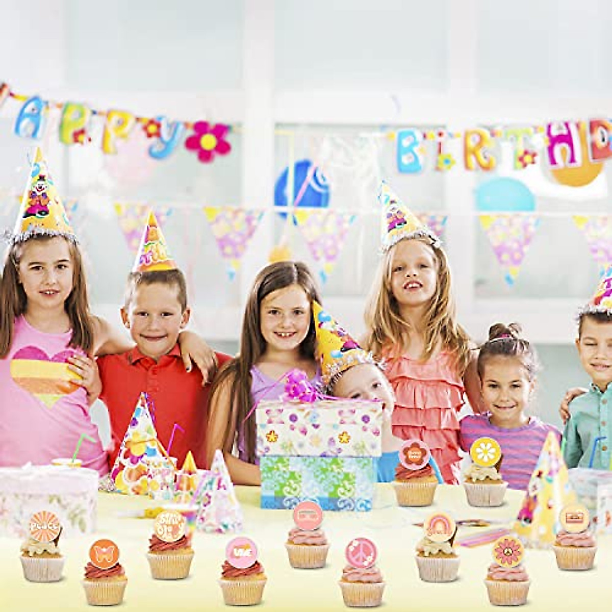 24pcs Two Groovy Retro Hippie Boho Cake Toppers Cupcake Ring Decor for Kids Retro Hippie Boho Theme Birthday Party Supplies Baking Decorations Party Favors