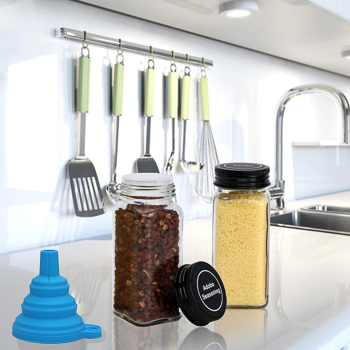 Accguan Spice Jars,4oz Glass Spice Bottles with Black Lids,Spice Labels and Stylus and Funnel, Perfect for Kitchen Countertop Storage,Cabinet Storage, Dining Room, and Gifts(52pcs)