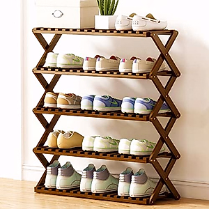 QUMENEY Foldable Bamboo Shoe Rack, 5 Tier Portable Folding Shoes Storage Organizer, No Assembly Free Standing Boots Shelf Suitable for Entryway, 27.5 x 9.8 x 30in (Dark)