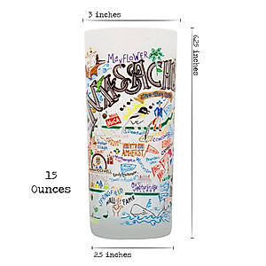 Catstudio Drinking Glass, Massachusetts Frosted Glass Cup for Kitchen, Bar Glass Drinking Glasses, Everyday Drinking Cup or Cocktail Glass, 15oz Dishwasher Safe Glass Tumbler for Massachusetts Lovers