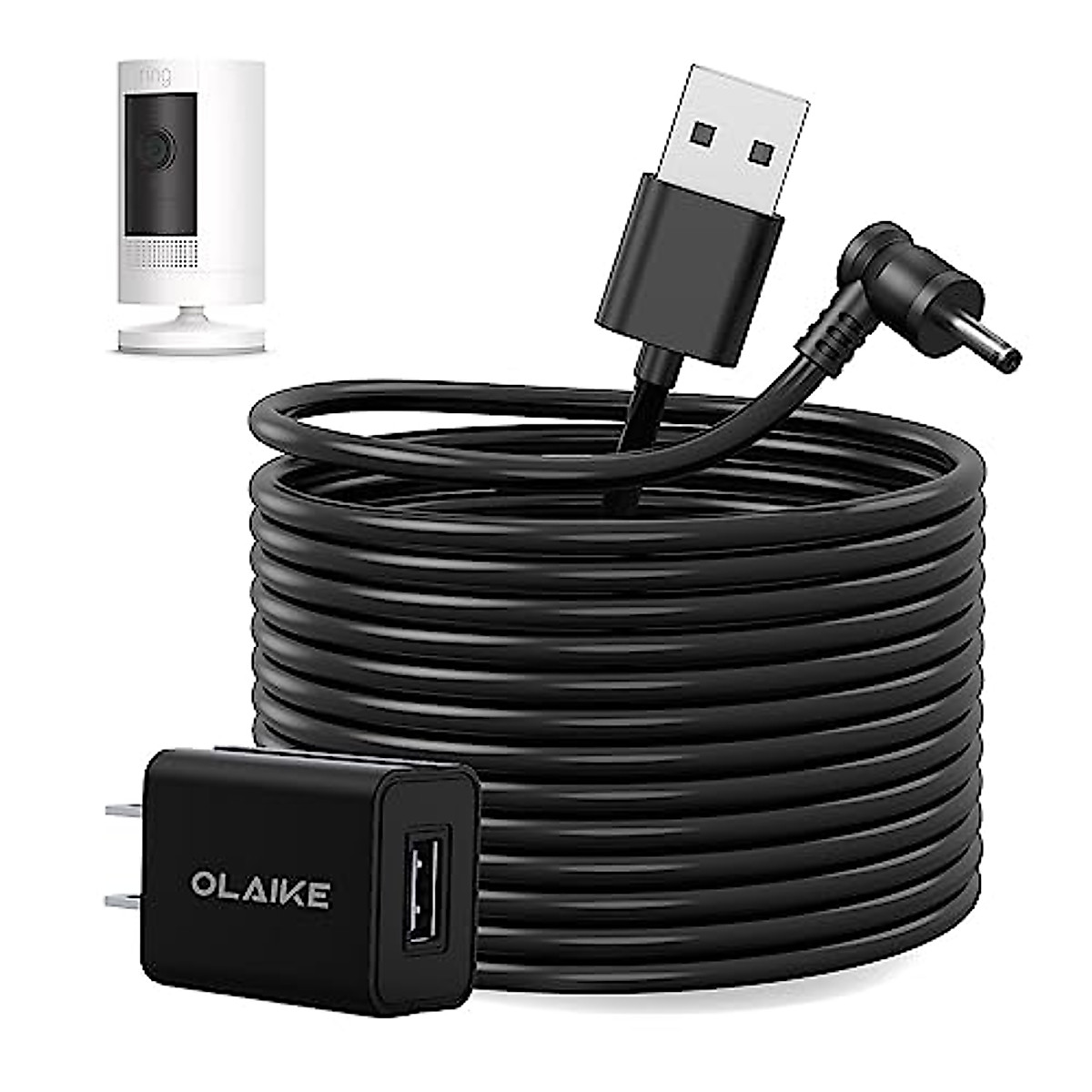 OLAIKE 8m/26ft Charge Cable with DC Power Adapter Compatible with Ring Stick Up Cam Battery 3rd Gen/2nd Gen/Plug-in, Weatherproof Cable to Continuously Charge Your Camera, Black