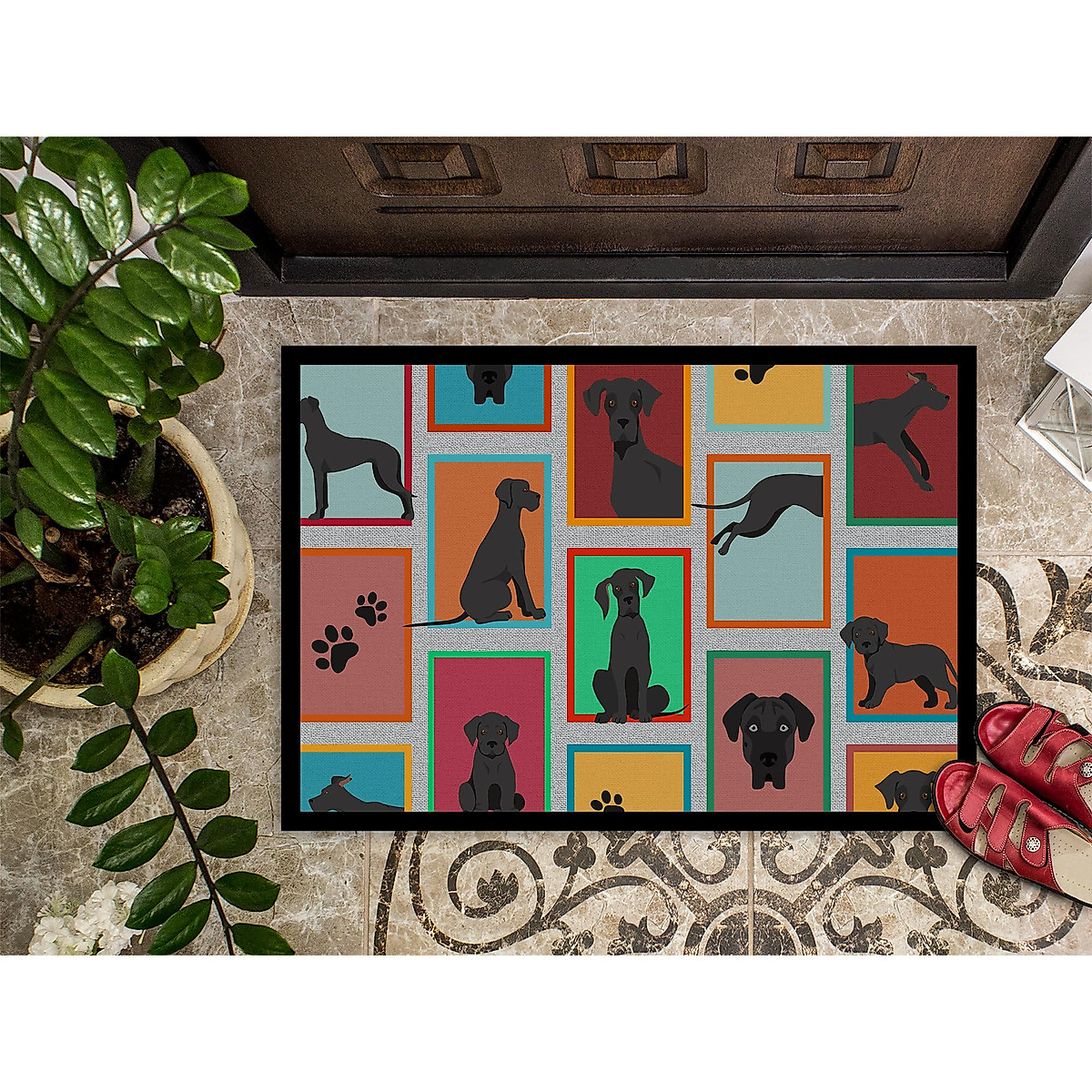 Caroline's Treasures MLM1156MAT Lots of Black Great Dane Doormat 18x27 Front Door Mat Indoor Outdoor Rugs for Entryway, Non Slip Washable Low Pile, 18H X 27W