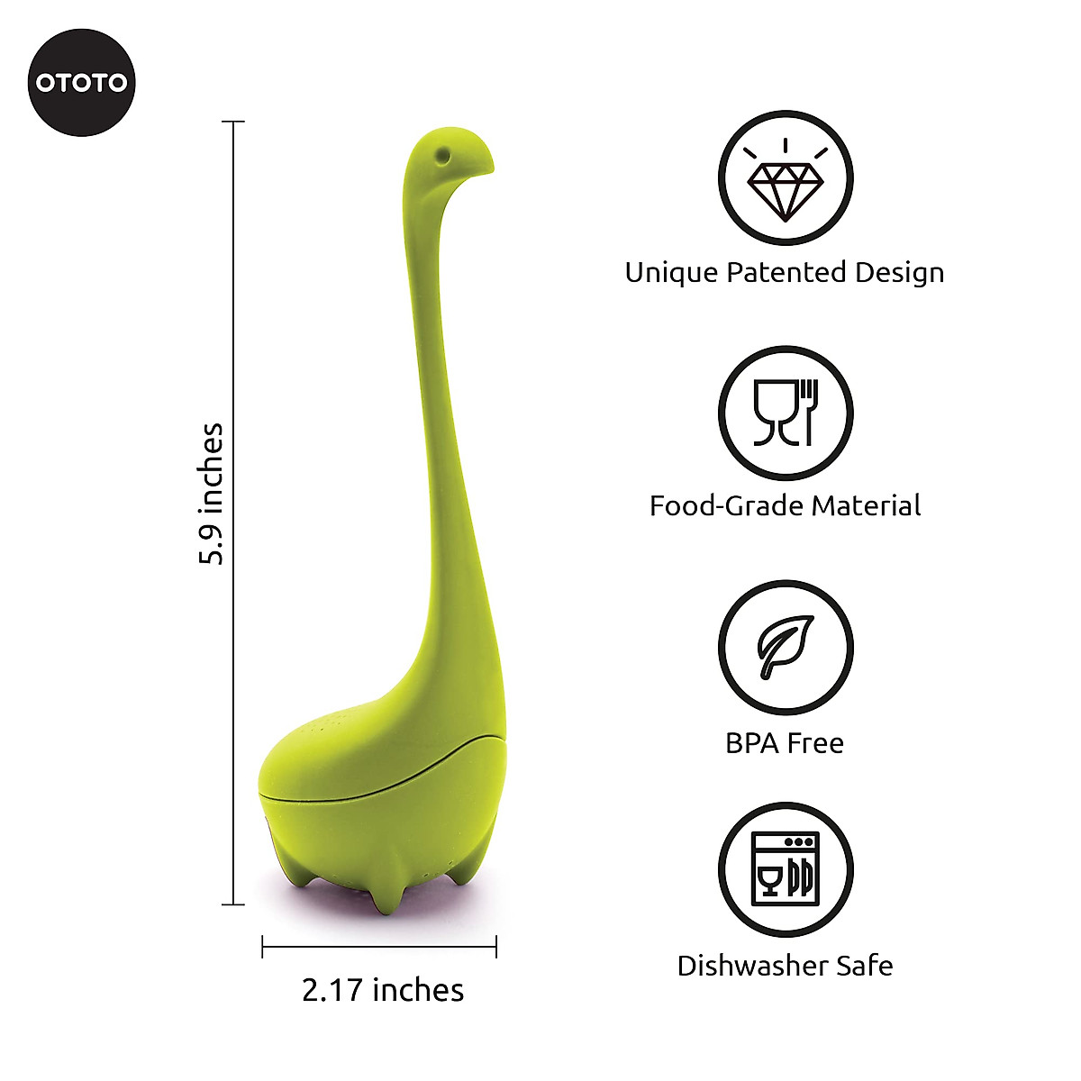 OTOTO Baby Nessie Loose Leaf Tea Infuser (Purple) - Dinosaur Tea Infuser Strainer with Steeping Spoon - Long Handle Neck, Cute Ball Body Lake Monster Silicone Tea Infuser for Loose Leaf Herbal Tea