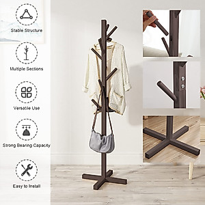 Tiasott Wooden Coat Rack Stand,Free Standing Tree Hanger,Standing Coat Rack with 8 Hooks,Hallway Entryway Clothes Hanger for Suits,Hats,Scarves,Handbags,Umbrella,Brown