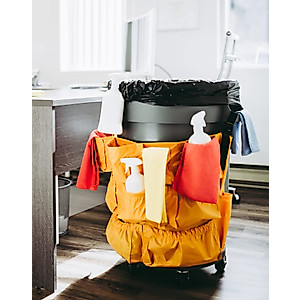QWORK Trash Can Caddy Bag, 10 Pockets Commercial Cleaning Caddy Bag, Fit 32-50 Gallon Can, Round Trash Bag Holder, Garbage Bin Caddy Organizer, Yellow