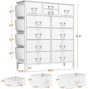 YaFiti 12 Drawer Dresser, Chest of Drawers for Bedroom, PU Dresser Drawers with Side Pockets, Hooks, Wooden Top and Sturdy Metal Frame for Living Room, Closet, Hallway (White)