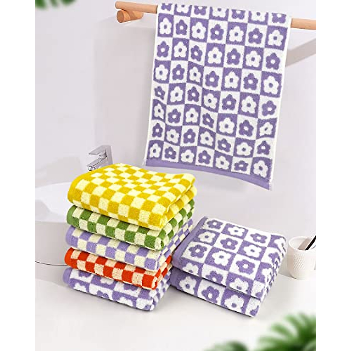 Jacquotha Hand Towel Set of 8 Bundle, Checkered and Checkered Floral Hand Towels for Daily Use