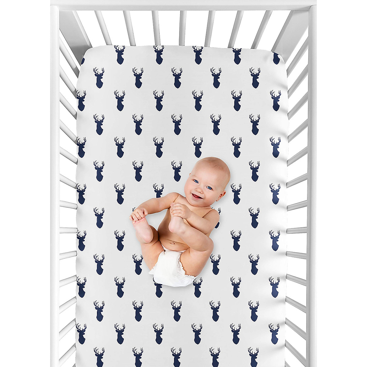 Sweet Jojo Designs Woodland Deer Boy Jersey Stretch Knit Baby Fitted Crib Sheet for Soft Toddler Bed Nursery - Navy Blue and White Forest Animal Stag Antler