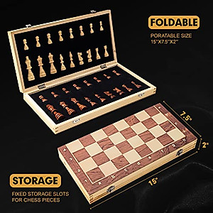15" x 15" Magnetic Wooden Folding Chess Set with 2 Extra Queens, Handmade Game Board Interior for Storage for Adult Kids Beginner Large Chess Board