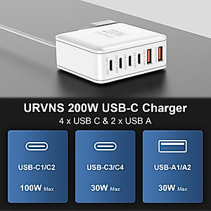 URVNS 200W USB C Charger, GaN 6 Ports PD 100W PPS 45W QC30W Super Fast Charging Station for iPhone 15 14 Series, MacBook Laptop, iPad, Samsung Galaxy S23/22 and More(with 5FT Power Cord)