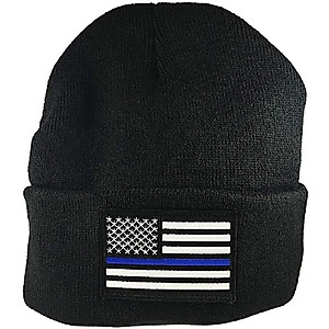 USA Embroidered Blue Line American Flag Cuffed Beanie Hat (Black)