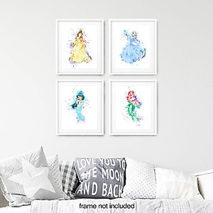 Princess Room Decor Wall Art,Watercolor Princess Decor For Girls Room,Ariel Jasmine Cinderella Belle, Princess Wall Decor For Girls Bedroom or Nursery,(8x10) Set of 4 Prints Unframed