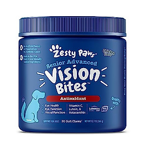 Zesty Paws Eye Supplement for Dogs - Vision Support with Lutein + Vitamin C & Astaxanthin Antioxidants - Dog Vitamins for Eyes + Fish Oil for Omega 3 EPA & DHA Fatty Acids for Senior Dogs - 90 Chews