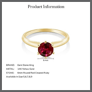 Gem Stone King 14K Yellow Gold Red Created Ruby Engagement Ring | 1.00 Cttw | Round 6MM | Wedding Solitaire Anniversary Promise Gold Ring For Women | Available In Size 5, 6, 7, 8, 9