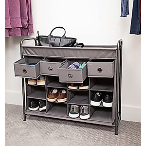 BirdRock Home 16 Cubby Shoe Rack Organizer with 4 Drawers - Grey - Free Standing Cabinet for Closet - Sturdy Metal Frame - Space Saver - Bedroom Organization