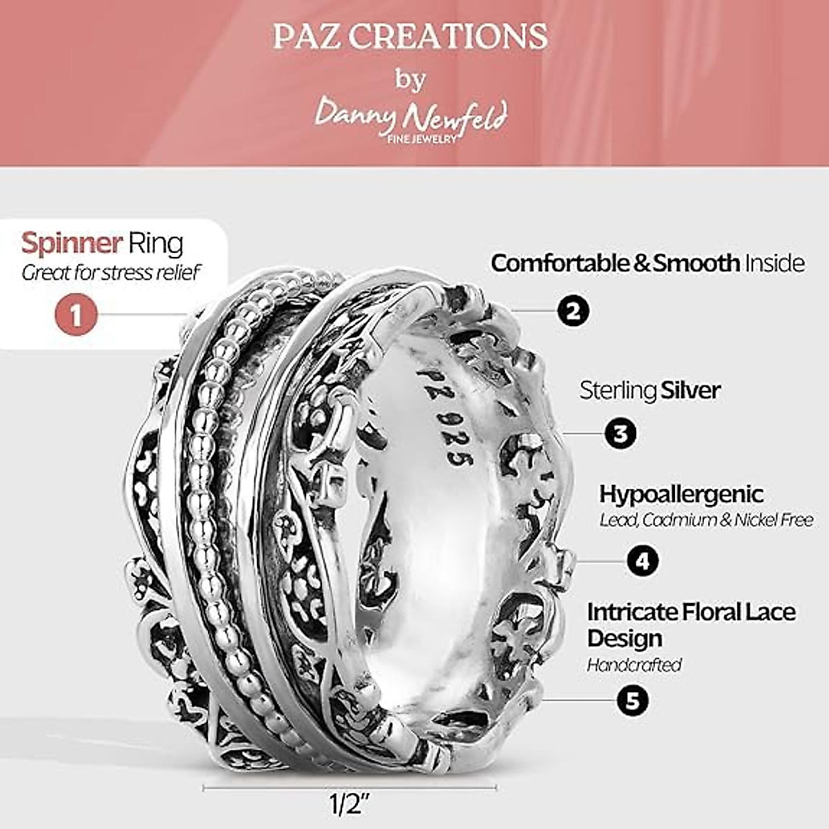 Paz Creations 925 Sterling Silver Spinner Ring/Fidget Ring/Anxiety Ring - 925 Sterling Silver Rings for Women, Stylish Boho Ring (Sterling Silver, Size 9)