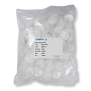 Tisch Brand SPEC17984 Nylon Syringe Filter, 0.22um, 25mm, Double luer Lock, 1/pk/100 per Pack | Wettability: Hydrophilic | Maximum Operating Temperature: 100 Degrees C | Burst Pressure (psi): 87 |