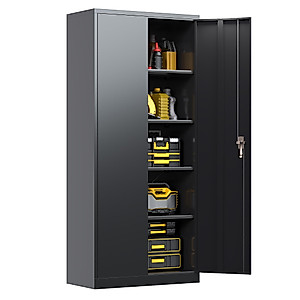 Metal Garage Cabinet,Storage Cabinet with 2 Doors and 4 Adjustable Shelves,71”Steel Lockable File Cabine,Tool Cabinets for Office,Home,Garage,Gym,School(Black) Assembly Required.