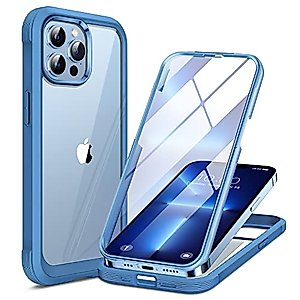 Miracase Glass iPhone 13 Pro Case 6.1 inch, 2023 New Full-Body Clear Bumper Case with Built-in 9H Tempered Glass Screen Protector for iPhone 13 Pro, Capri Blu