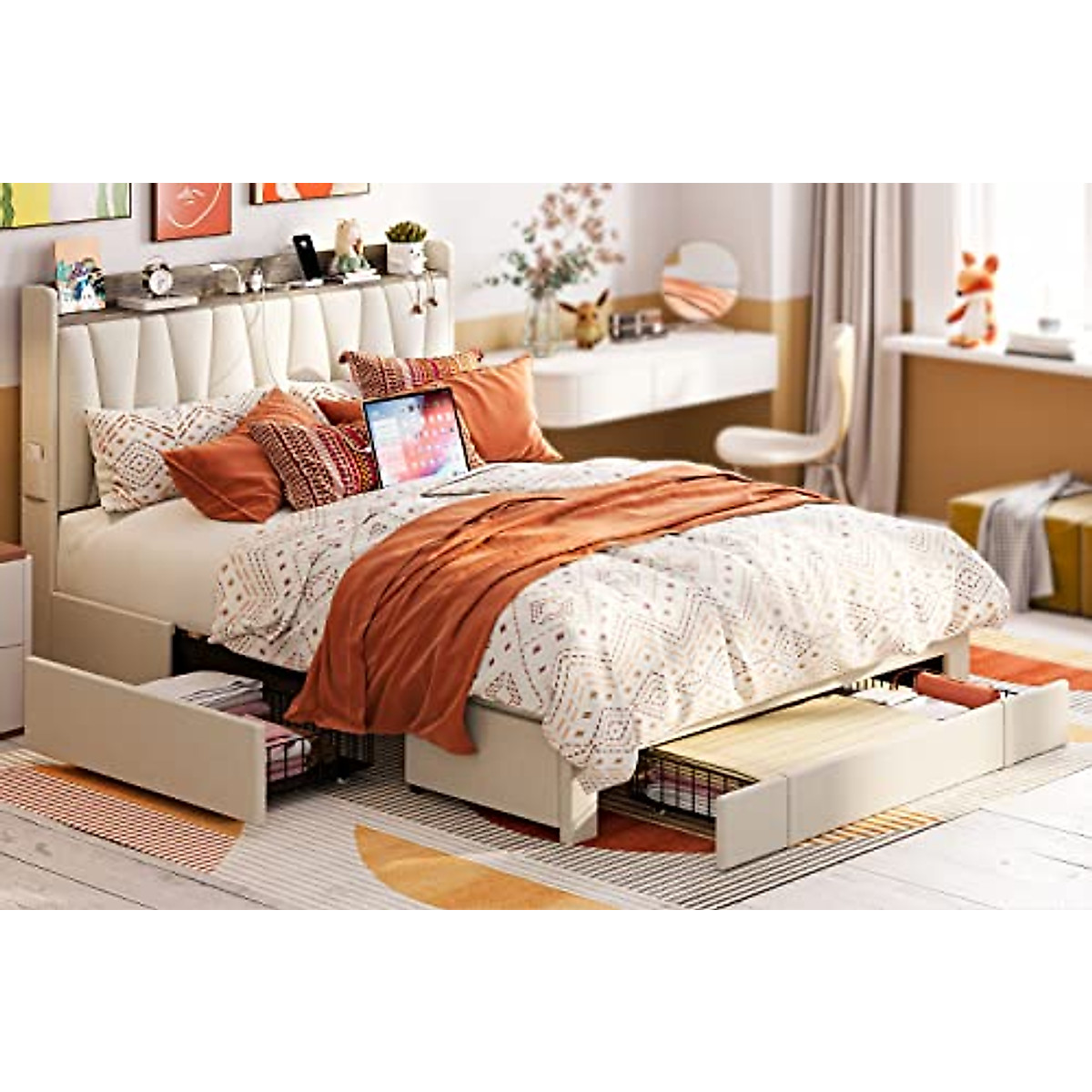 ANCTOR Full Size Bed Frame with 3 Drawers, Upholstered Platform Bed with Storage Headboard and Charging Station, No Box Spring Needed, Easy Assembly