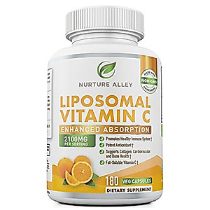 Nurture Alley Liposomal Vitamin C 2100mg- 180 Capsules High Absorption Ascorbic Acid - Supports Immune System and Collagen Booster - Powerful Antioxidant High Dose Fat Soluble Supplement